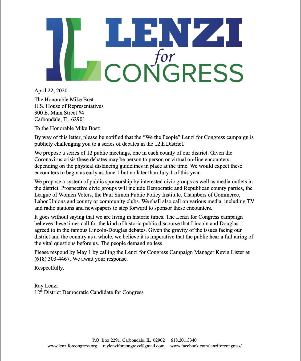 Lenzi Issues Debate Challenge to Bost – Ray Lenzi for Congress
